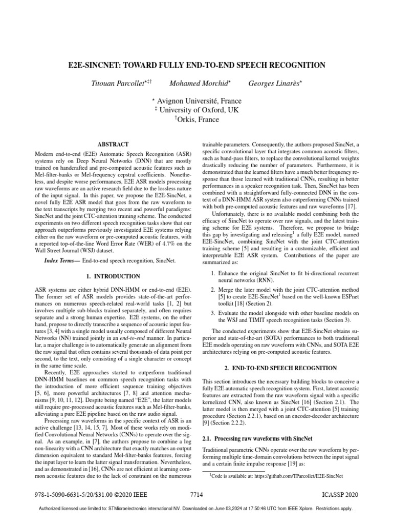 E2E-SINCNET Toward Fully End-To-End Speech Recognition | PDF | Speech Recognition | Deep Learning