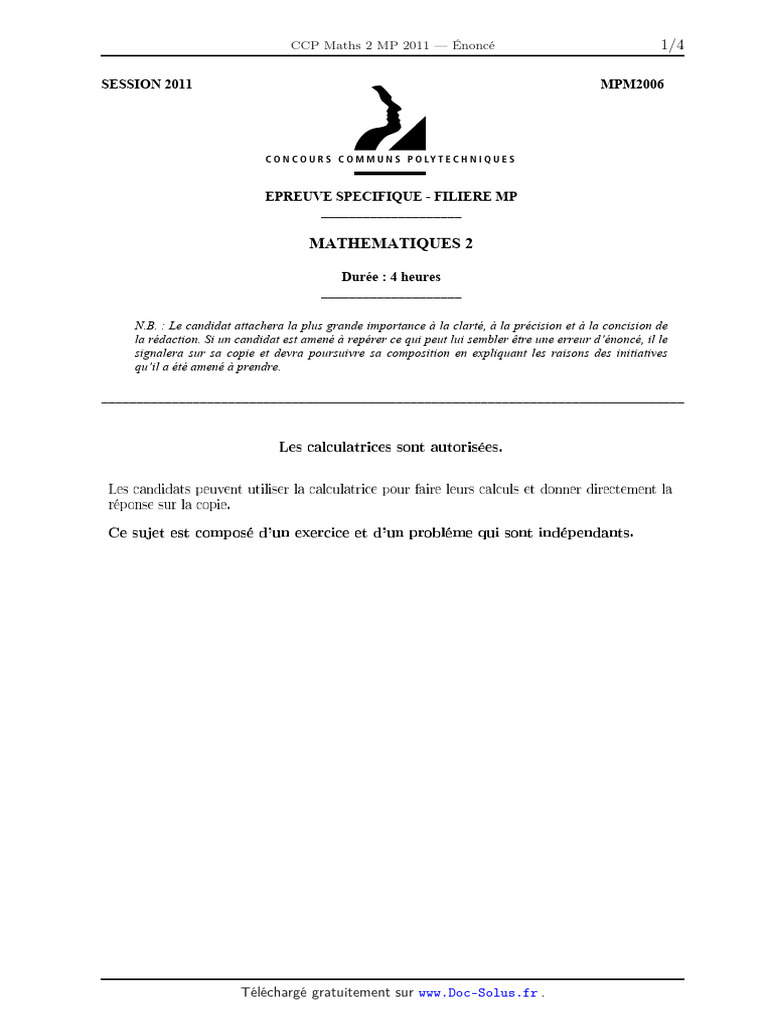 MP - MATHS - CCP - 2 - 2011.enonce - Copie | PDF