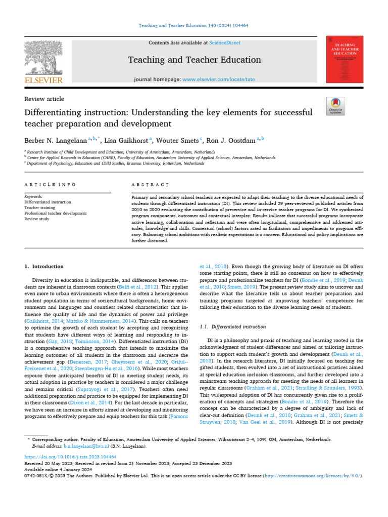 Langelaan Et Al (2024) Differentiating Instruction | PDF | Teachers | Differentiated Instruction
