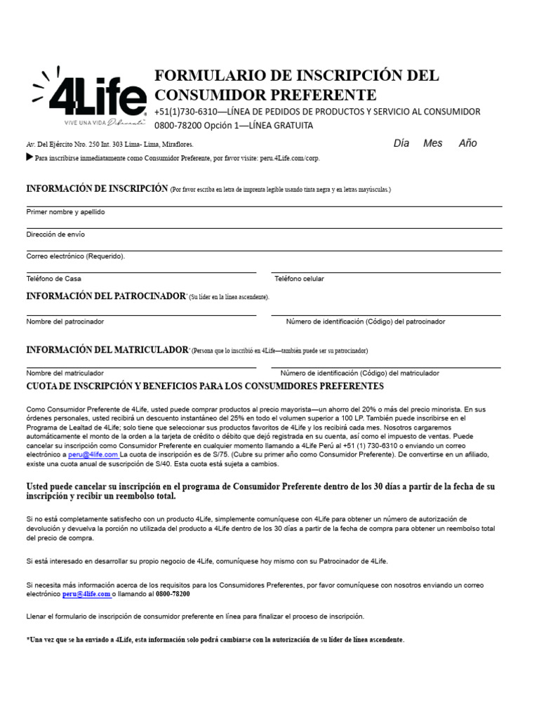 Inscripción para Consumidor Preferente 4Life | PDF | Tarjeta de débito ...