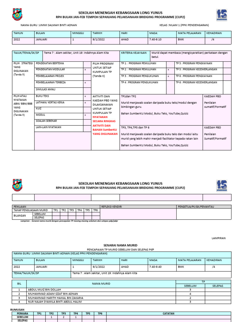 RPH Catch Up Plan m1 - Nilam 1 | PDF