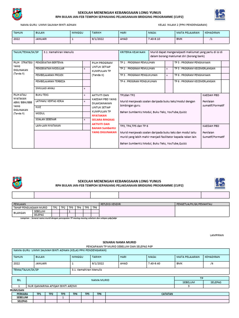 RPH Catch Up Plan M1 - Nilam 2 | PDF