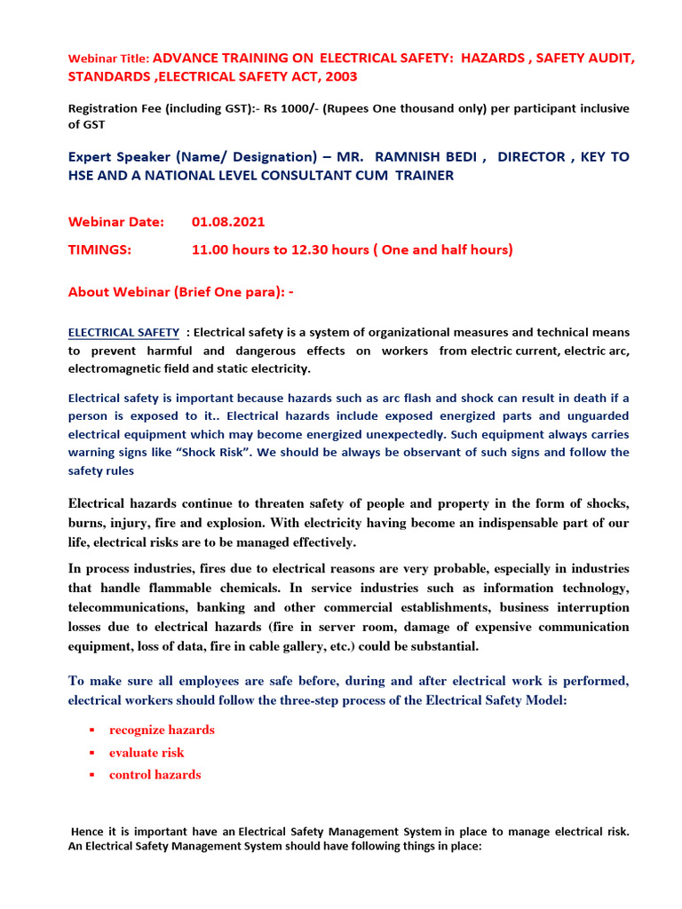 ADVANCE TRAINING ON ELECTRICAL SAFETY- HAZARDS , SAFETY AUDIT, STANDARDS ,ELECTRICAL SAFETY ACT ...
