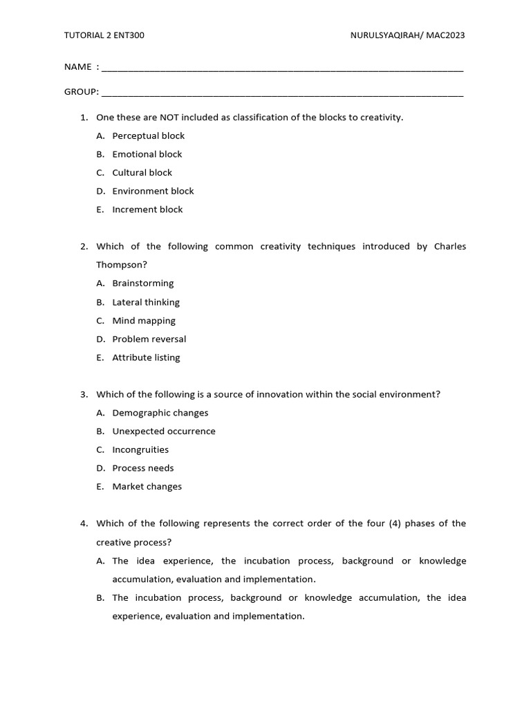 Tutorial 2 Ent300 Mac2023 | PDF | Creativity | Innovation