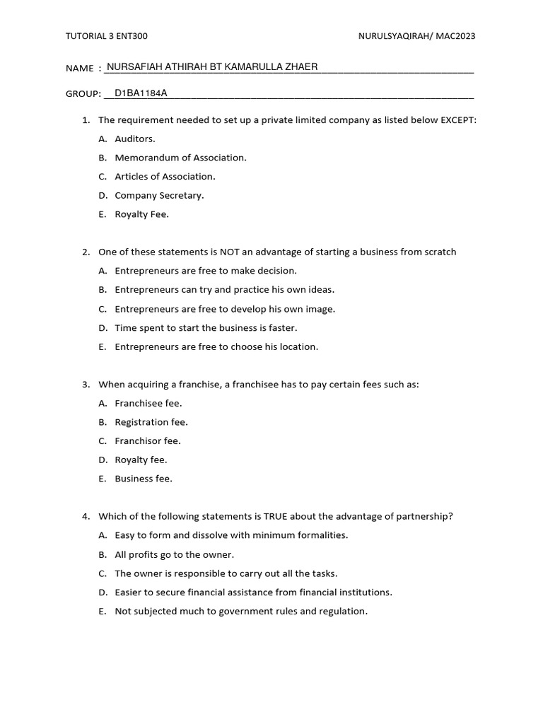 Tutorial 3 Ent300 Mac2023 | PDF | Franchising | Private Sector