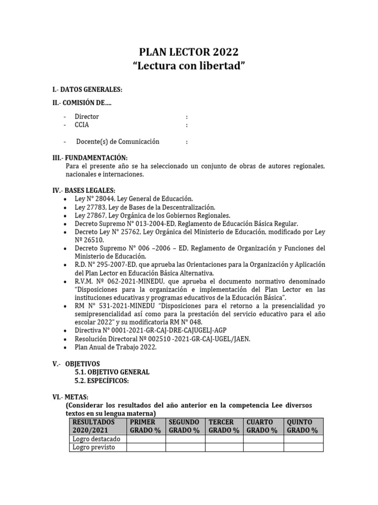 Esquema Del Plan Lector 2022 | PDF