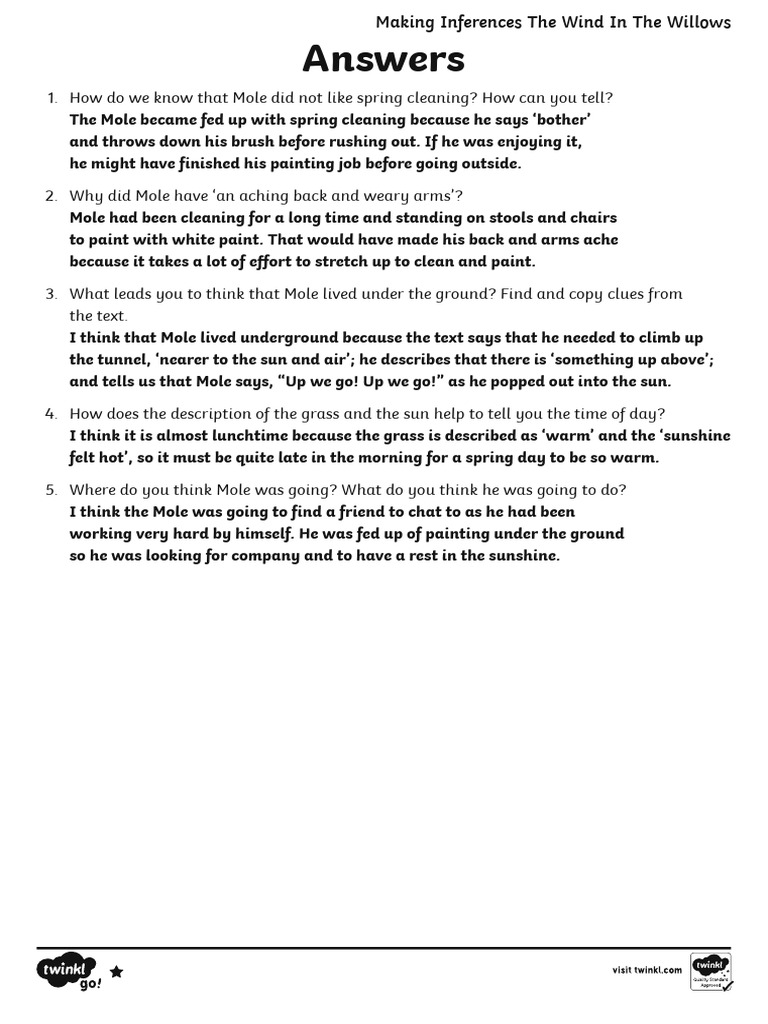 Answers Wind in The Willows Comprehension | PDF