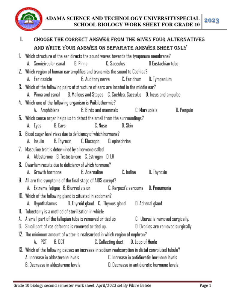 Astu Grade 10 Bio Worksheet Five On Endocrine System | PDF | Urinary ...