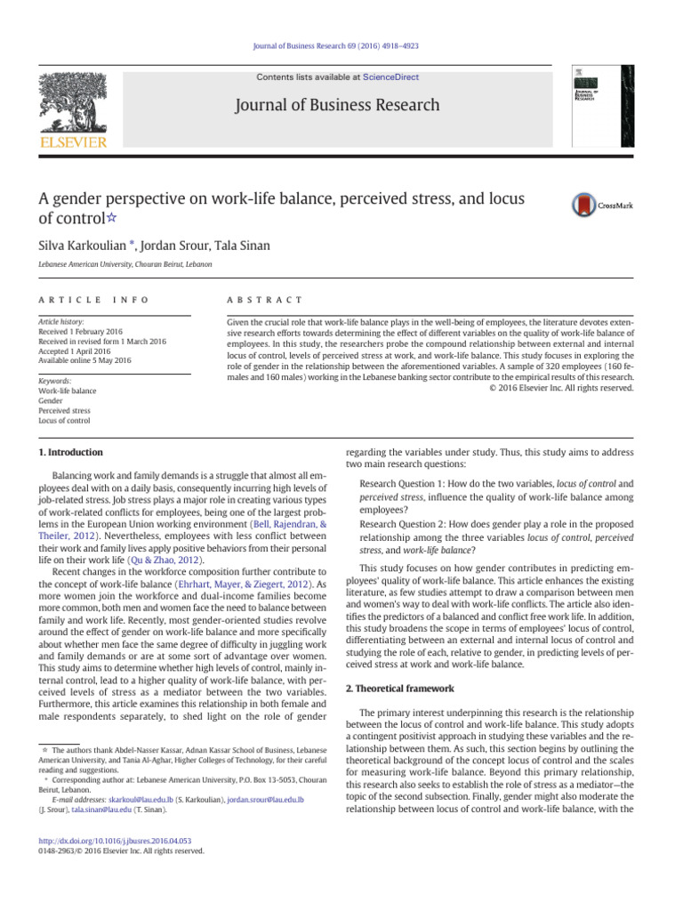 Karkoulian Et Al. (2016) - A Gender Perspective On WLB, Perceived ...