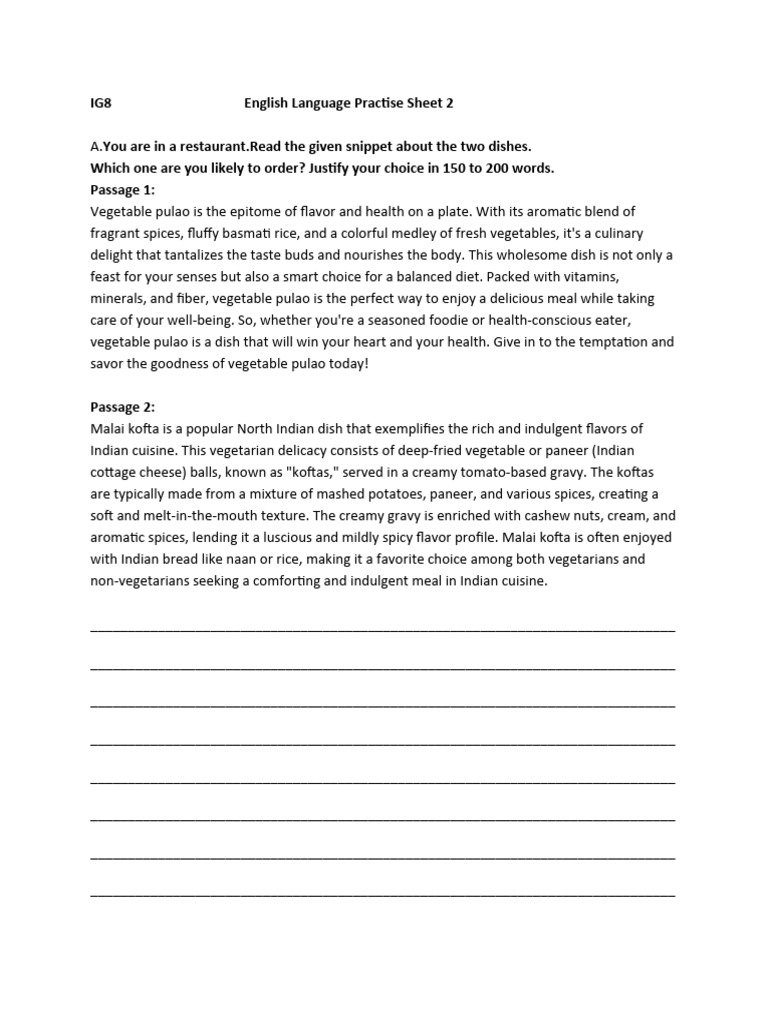 IG8 English Langauge Practise Sheet 2 | PDF | Indian Cuisine | Asian Cuisine