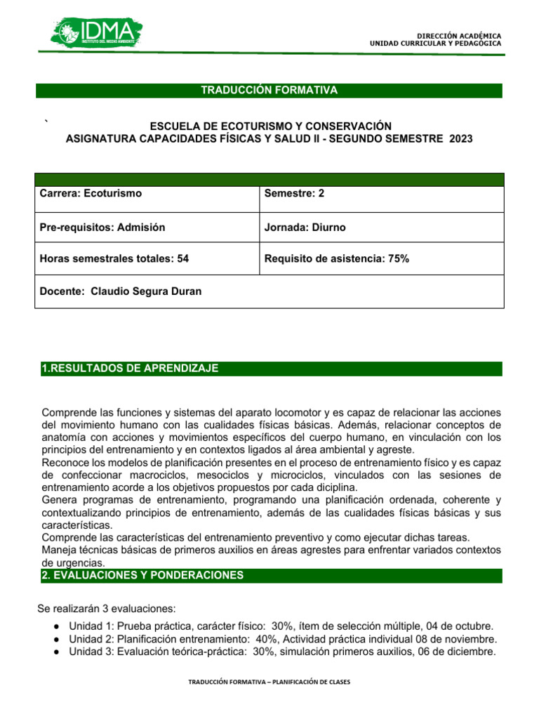 TRADUCCIÓN FORMATIVA CFT IDMA 2023 Cpacidades Físicas II | PDF | Planificación | Evaluación