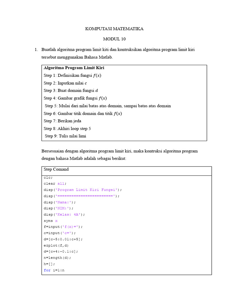 Algoritma Limit Kiri dan Deret Matematika MATLAB | PDF | Metode & Bahan ...