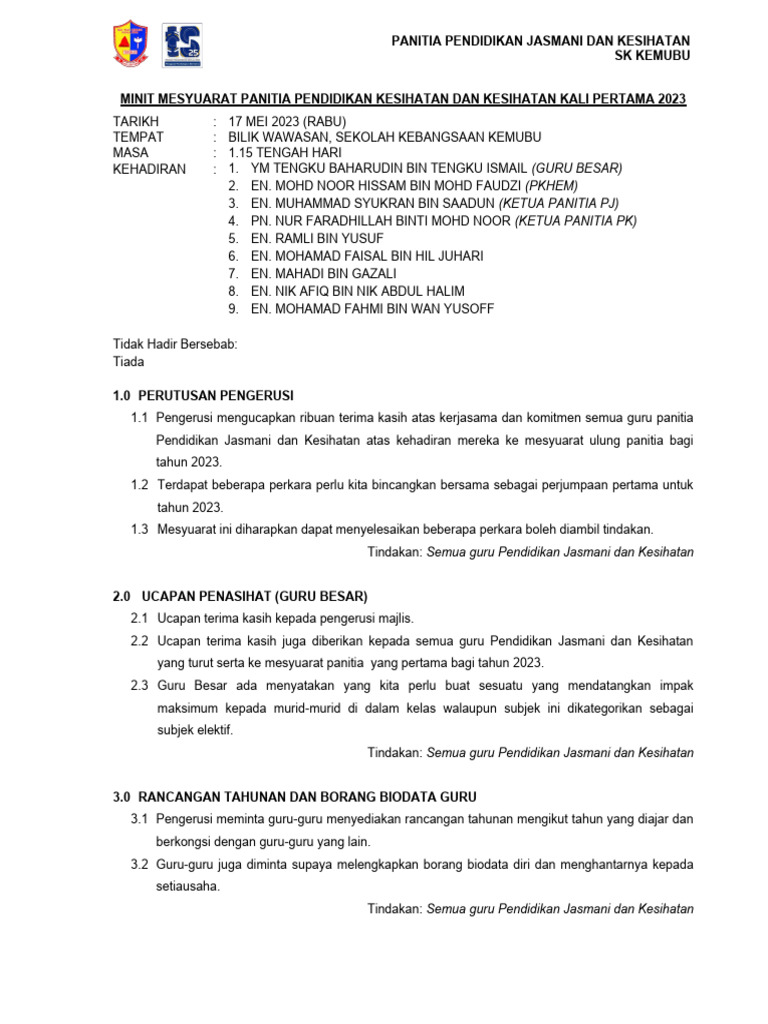 Minit Mesyuarat Panitia PJK 2023 - Bil 1 | PDF
