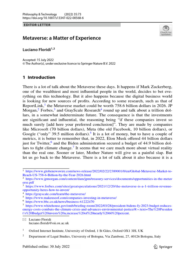 Metaverse A Matter of Experience | PDF | Virtual Reality | Augmented ...