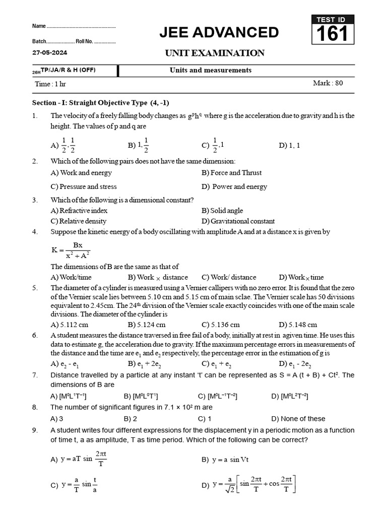 JEE ADV (Units and Measurements) 26-05-2024 (LT26 HYBD (G1-5) ) | PDF | Force | Acceleration