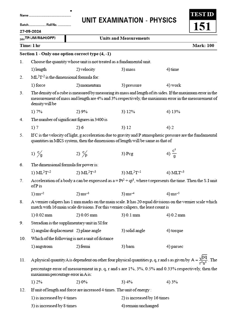 JEE MAIN (Units and Measurements) 26-05-2024 (LT26 HYBD (G1-5) ) | PDF | Mass | Velocity