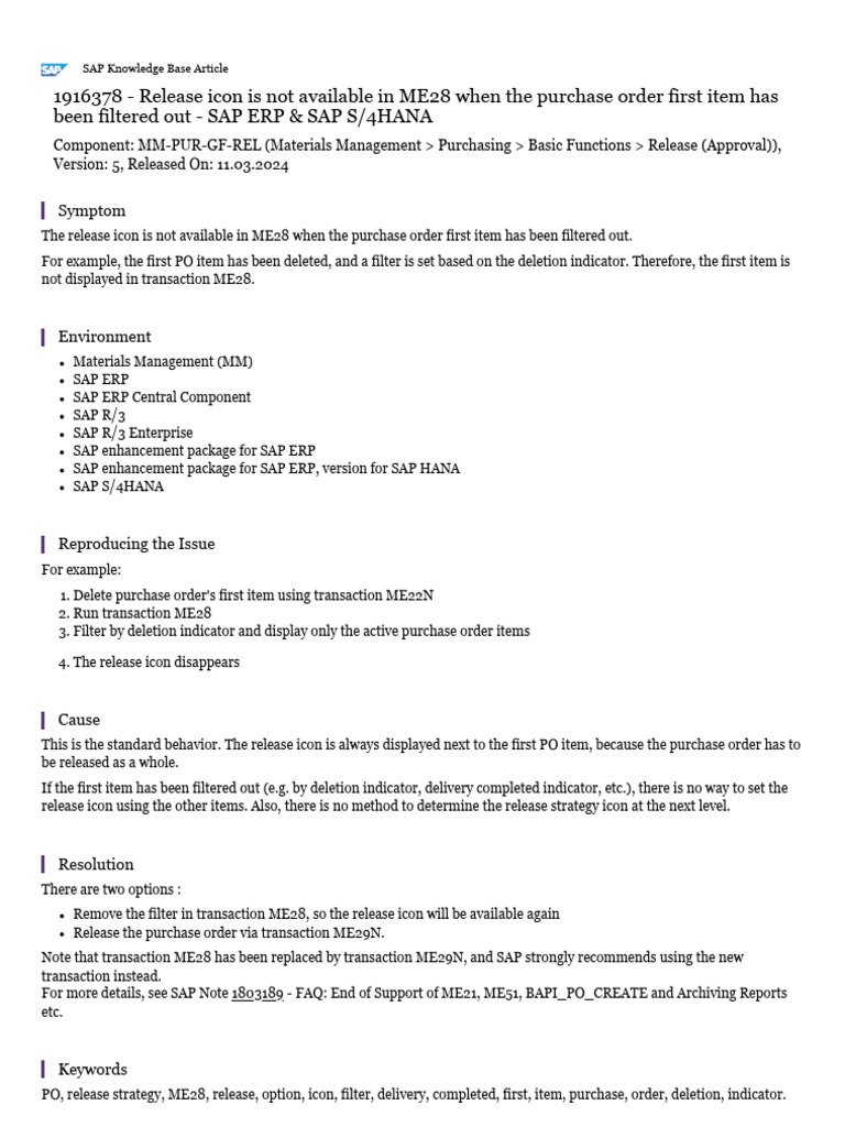 Release Icon Is Not Available in ME28 When The Purchase Order First ...