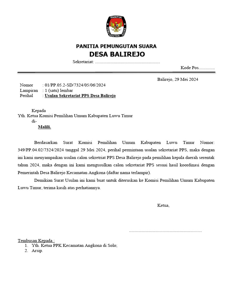Usulan Sekretariat PPS Balirejo 2024 | PDF