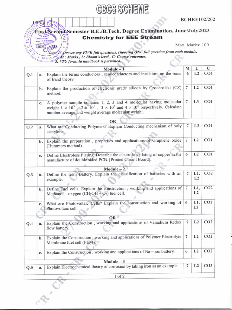 VTU Question Paper of BCHEE102 - BCHEE202 Chemistry For EEE Stream June-July-2023 | PDF