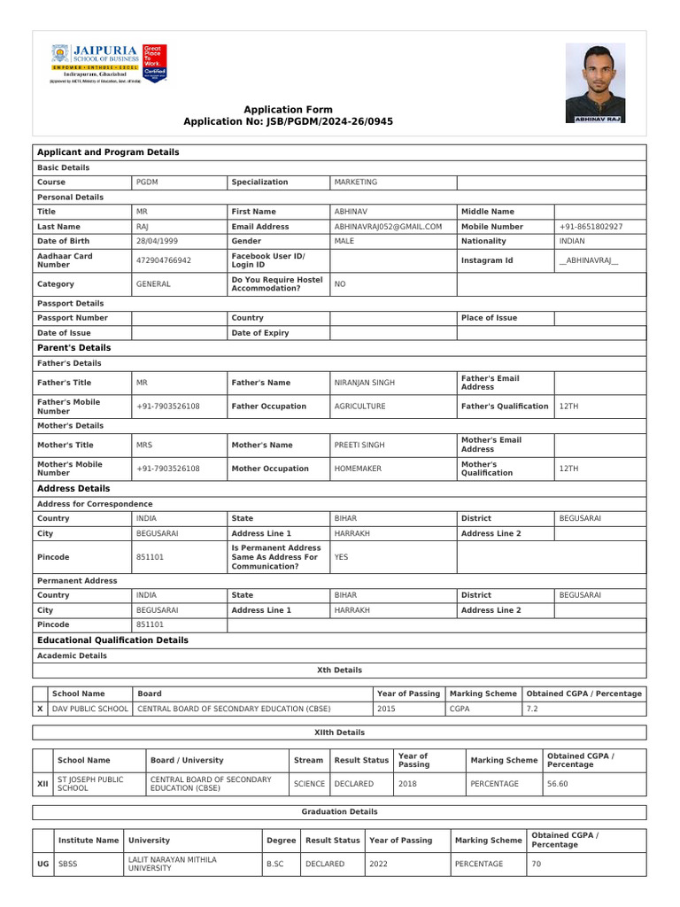 JAIPURIYA Application Form JSB - PGDM - 2024-26 - 0945 | PDF