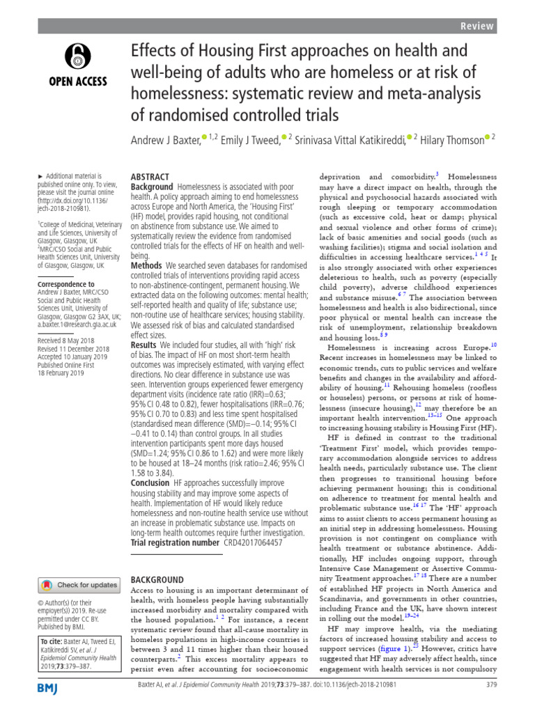 Effects Of Housing First Approaches On Health And Well Being Of Adults