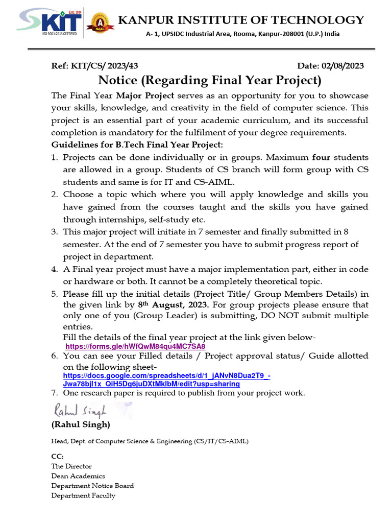 Notice Regarding Final Year Project | PDF