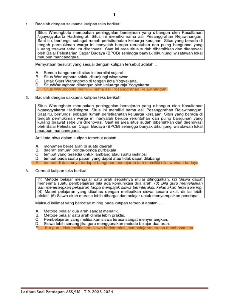 Latihan Soal Persiapan Ass - Us 2024 | PDF | Perjalanan | Kajian Bahasa Asing