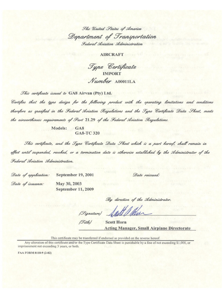 Type_Certificate_GA8_FAA_TCDS | Download Free PDF | Aviation | Aircraft