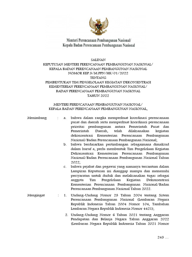 2022 KEPMEN PPN 005 Tim - Dekosentrasi - TA - 2022 | PDF | Pengelolaan Keuangan & Uang | Seni