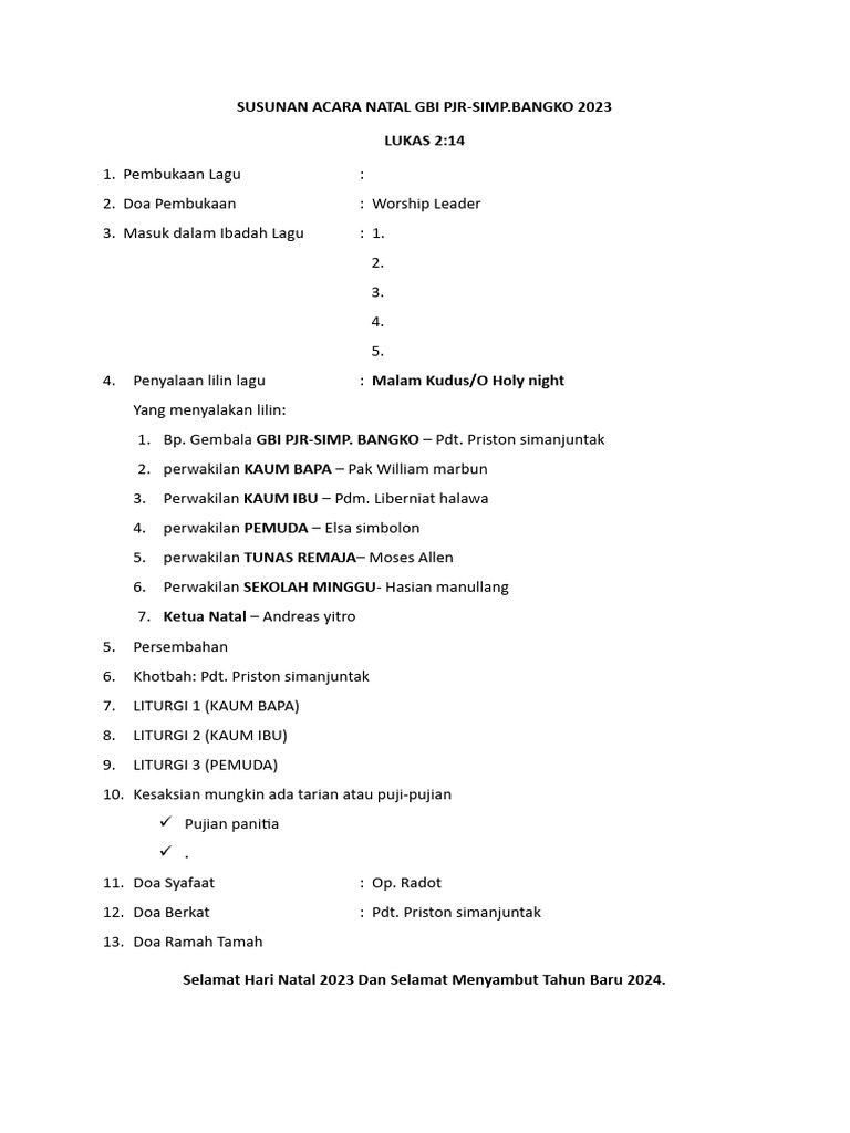 Susunan Acara Natal GBI 2023 | PDF