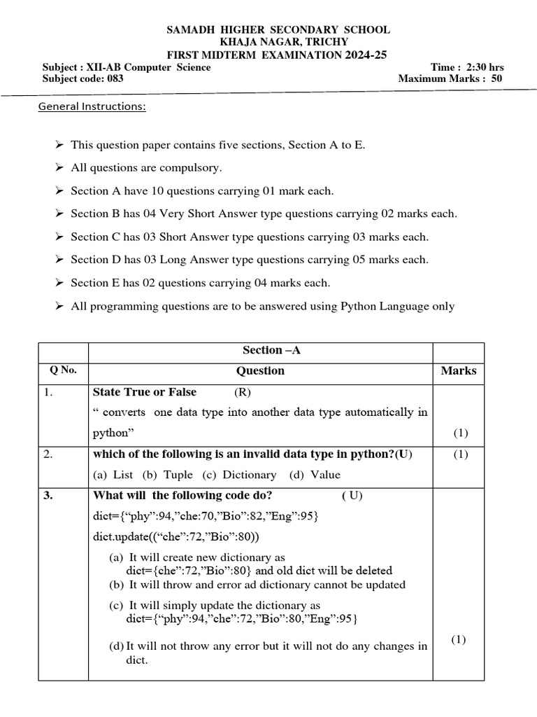 Computer Science Midterm Exam 2024-25 | PDF | Parameter (Computer Programming) | Computer ...