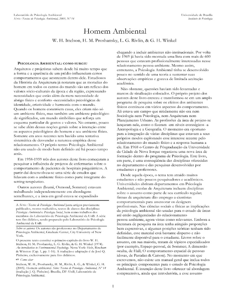 Homem Ambiental. WH Ittelson, HM Proshansky, LG Rivlin e GH Winkel ...