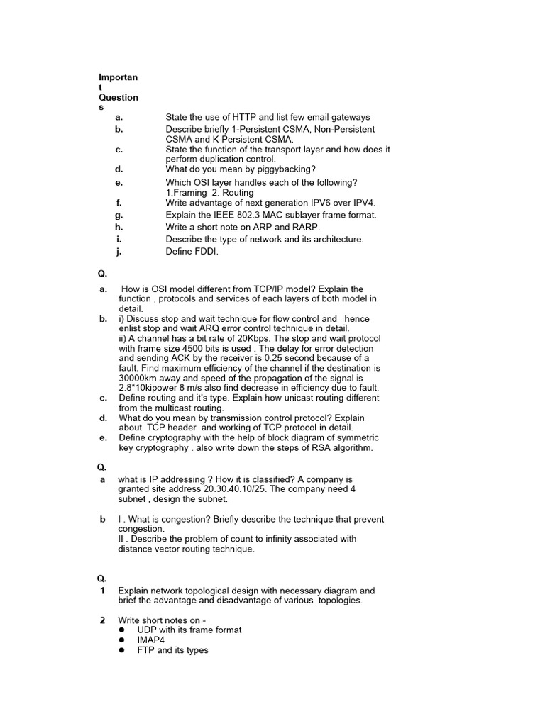 Important Questions CN | PDF | Computer Network | Transmission Control Protocol