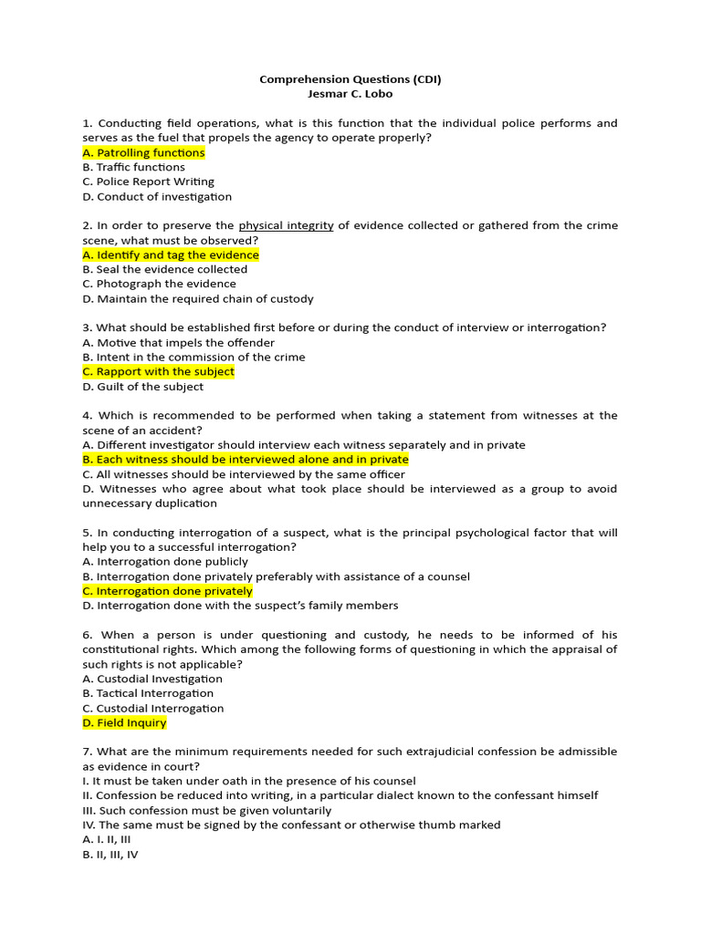Comprehension Questions CDI | PDF | Traffic | Crime Scene