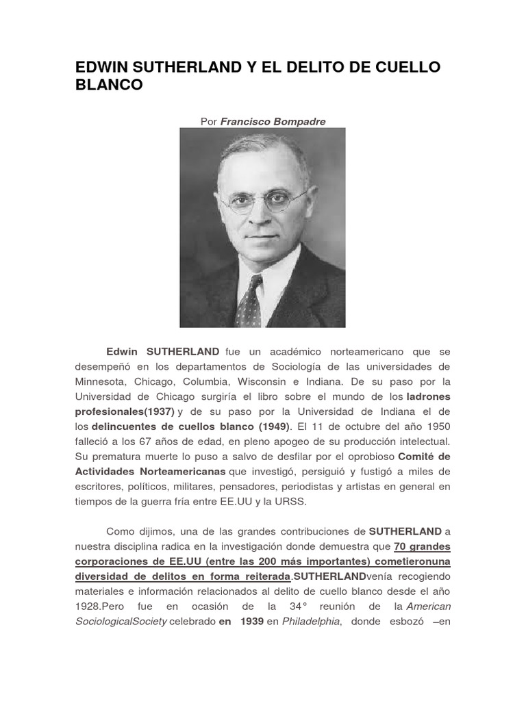 Edwin Sutherland Y El Delito de Cuello Blanco: Francisco Bompadre | PDF | Comportamiento ...