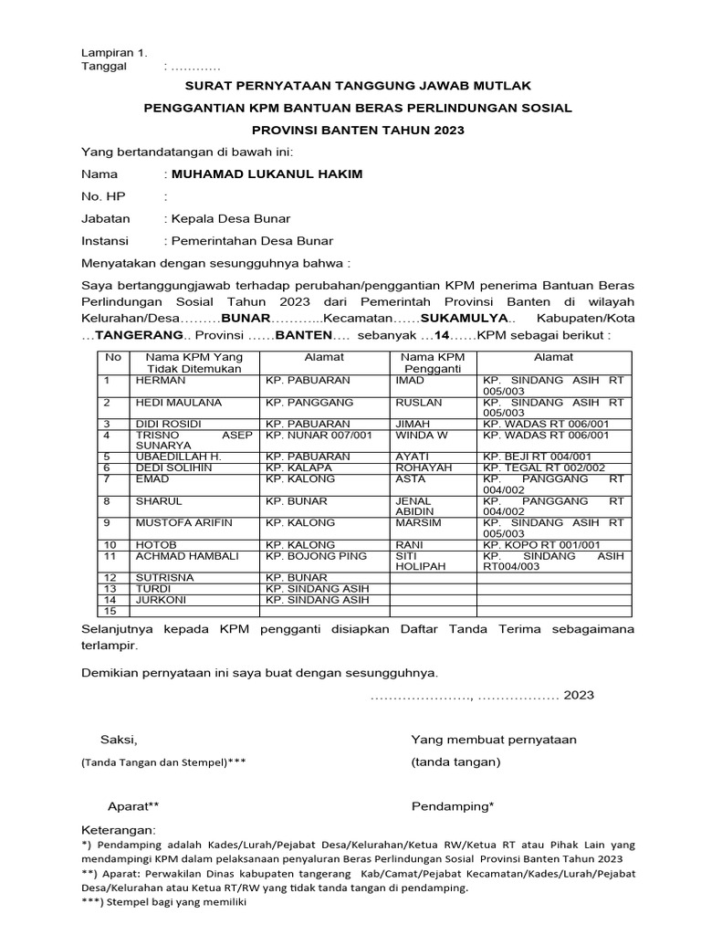 2023 Lampiran SPTJM Penggantian KPM Beras Perlindungan Sosial | PDF