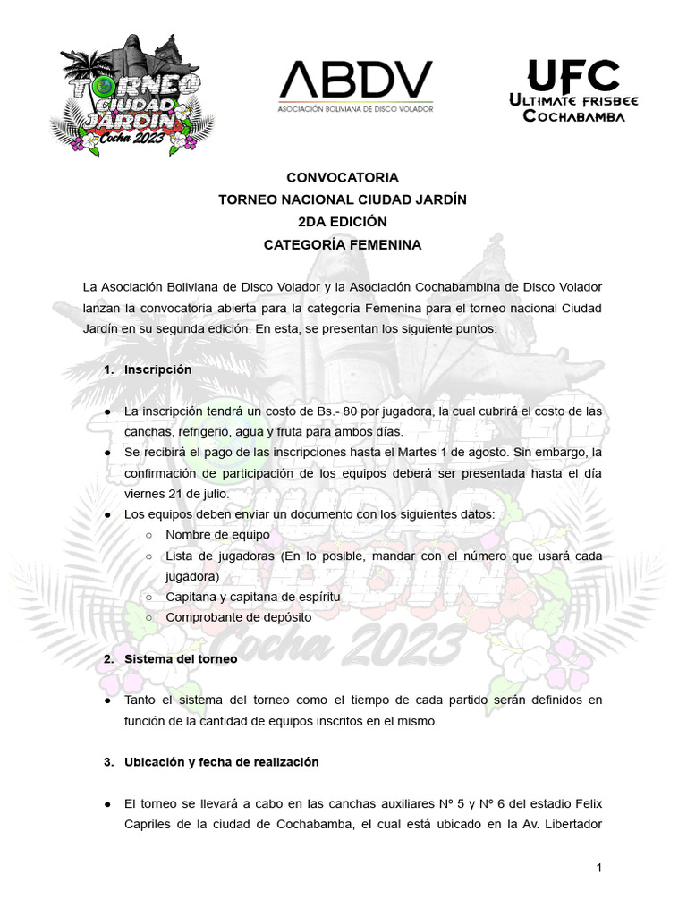 Convocatoria Categoría Femenina Ciudad Jardín 2023 | PDF