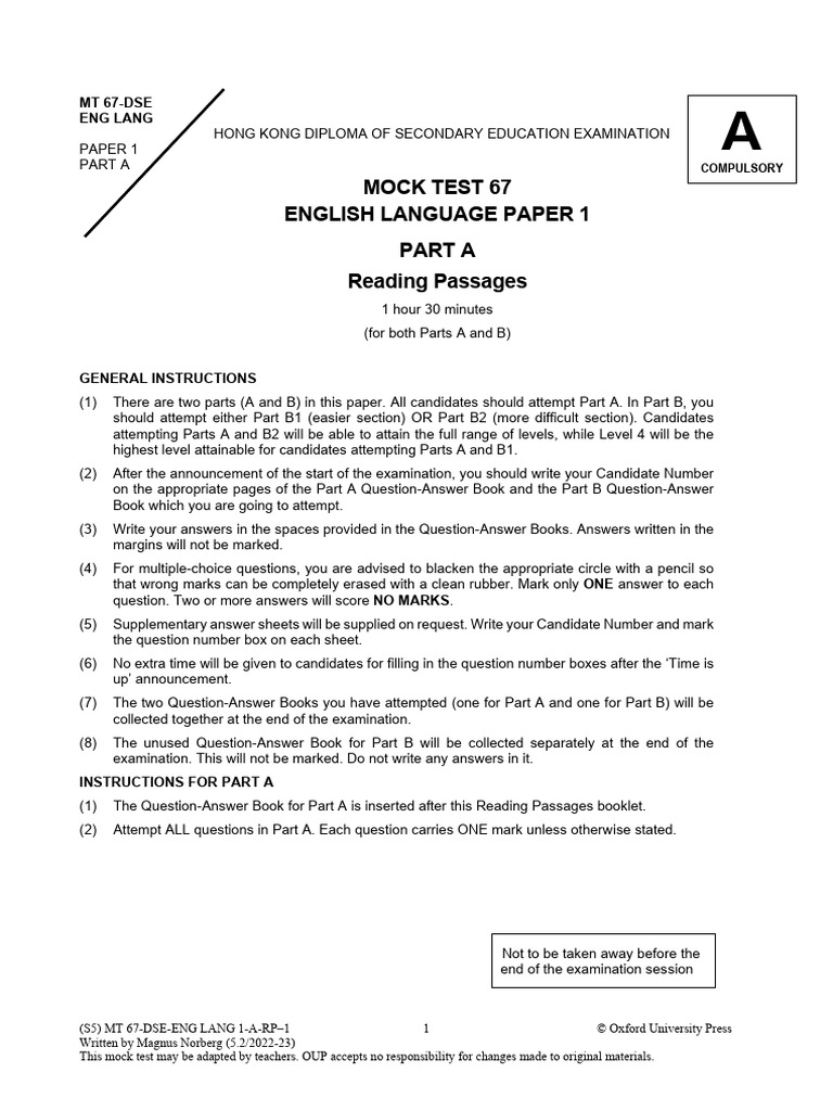 MT67 Paper 1 TE 2223 5.2 | PDF | Pet | Oxford University Press