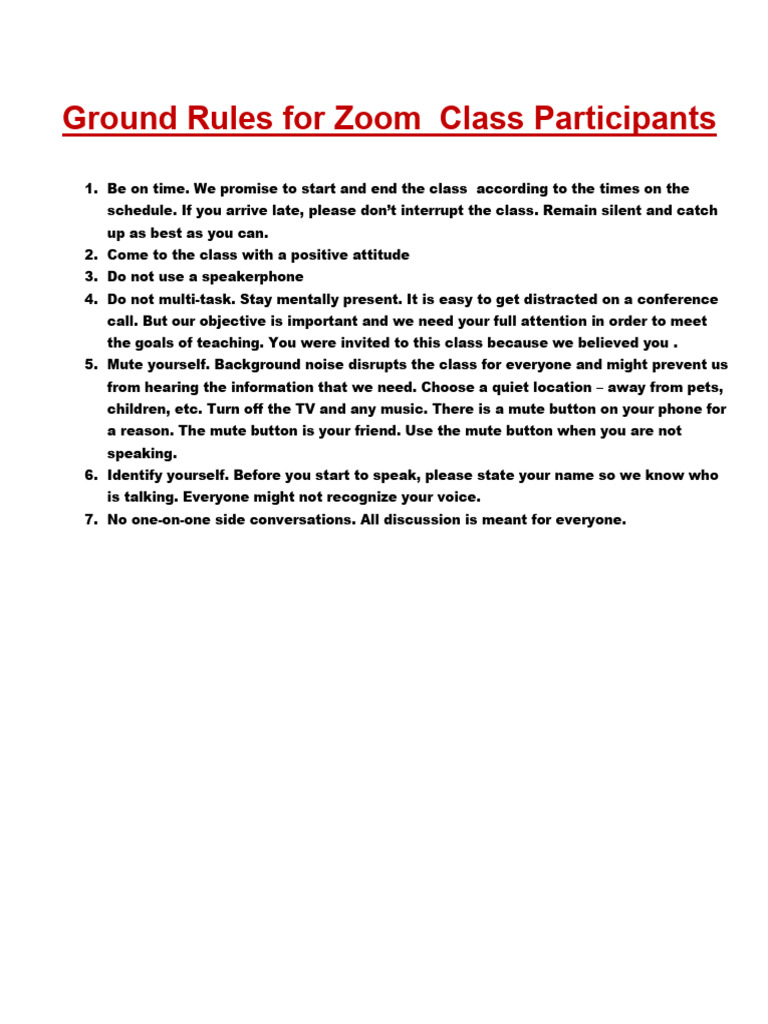 Ground Rules For Zoom Class Participants | PDF