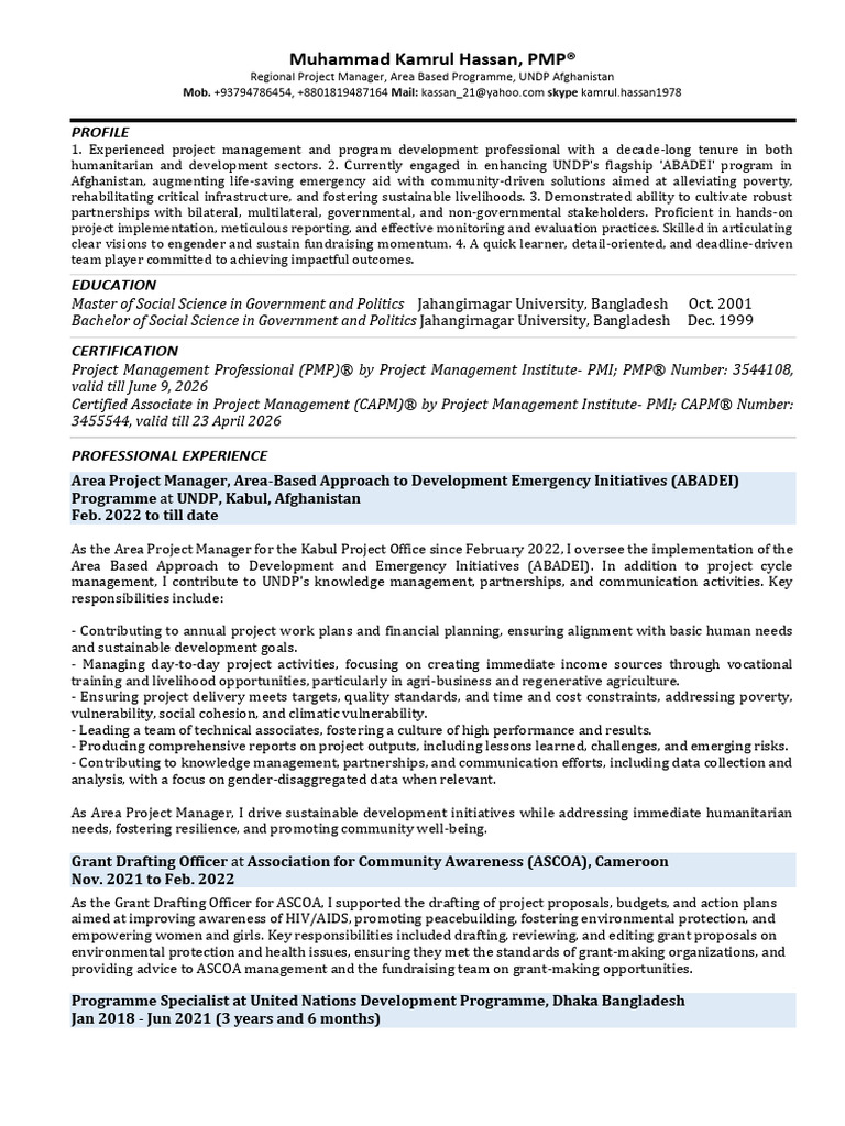 Resume - Muhammad Kamrul Hassan - Apr2024 | PDF | Non Governmental Organization | United Nations ...