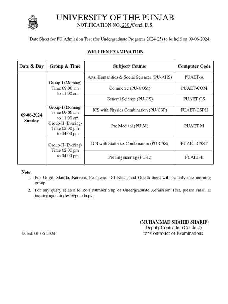 Date Sheet For PU Admission Test For Undergraduate Programs 2024 25 ...