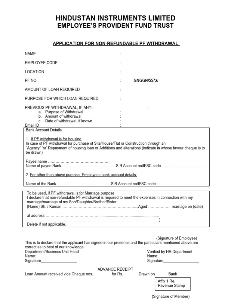 PF Withdrawal Application Form | PDF | Banks | Private Law