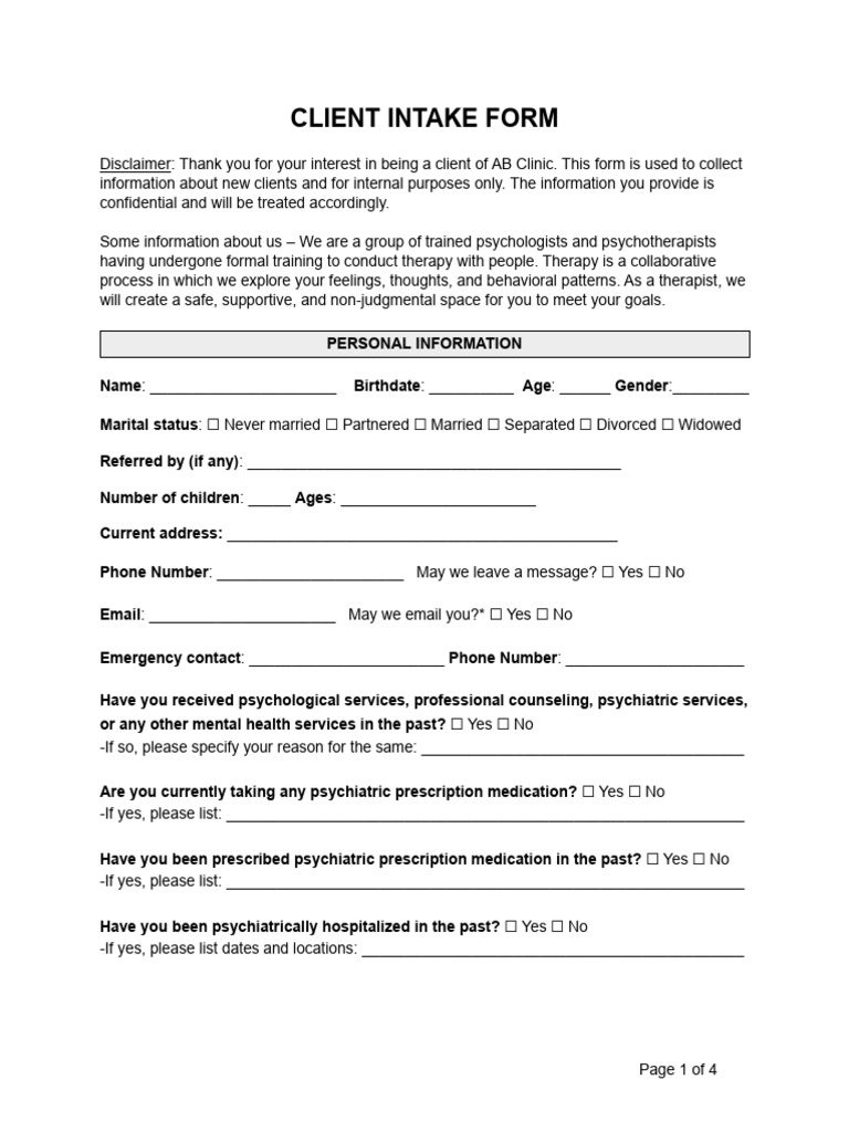 Psychotherapy-Client-Intake-Form | Download Free PDF | Psychotherapy ...