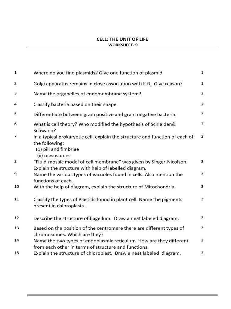 Class 11 Cell Structure Worksheet | PDF | Science & Mathematics