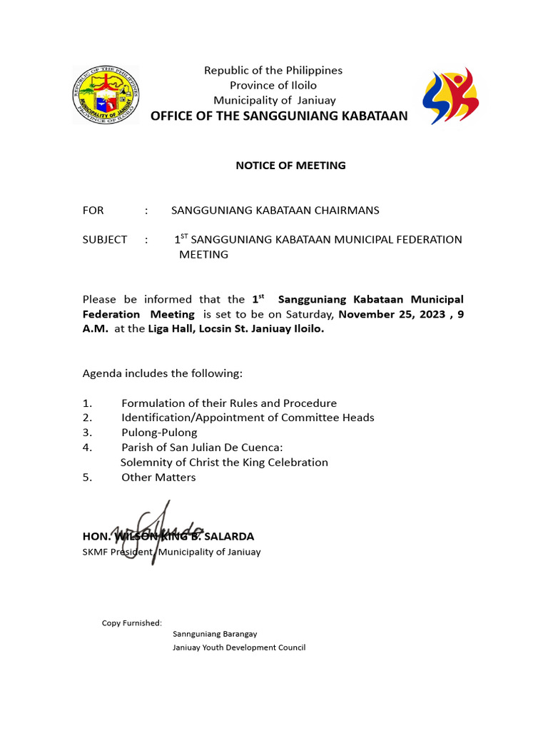Janiuay SK Federation Meeting Notice | PDF