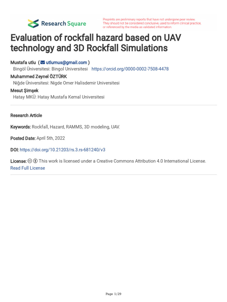Evaluation of Rockfall Hazard Based On UAV Technology and 3D Rockfall Simulations | PDF | Mean ...