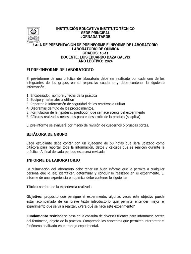 Guía para Preinforme e Informe de Laboratorio de Química | PDF | Laboratorios | Experimentar