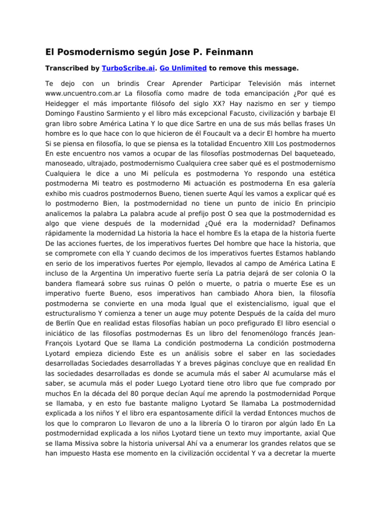 Filosofía Postmoderna y Grandes Relatos | PDF | Jean François Lyotard ...