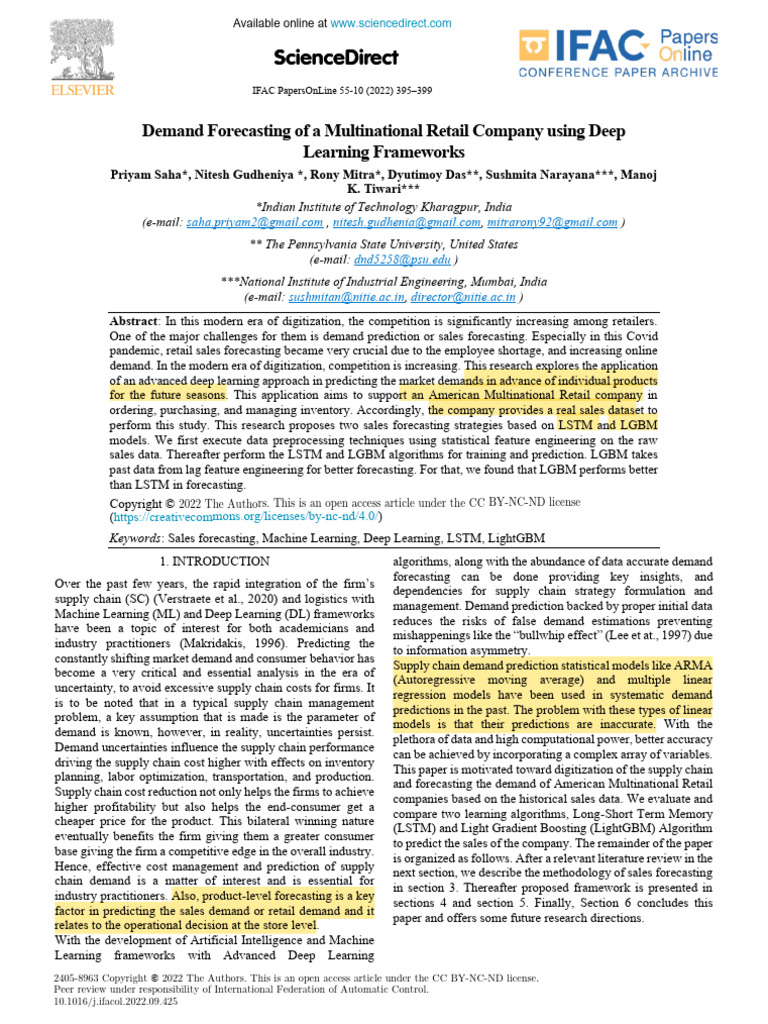 Demand Forecasting Of A Multinational Retail Company Using Deep