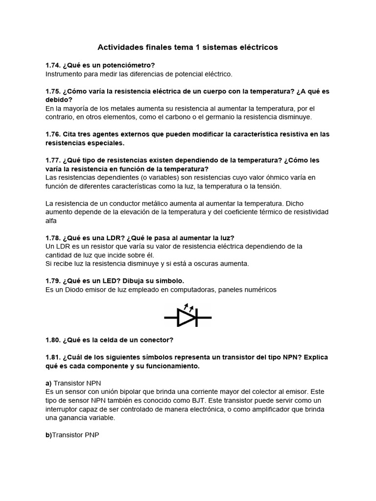 Actividades Finales Tema 1 Sistemas Electricos | Descargar gratis PDF | Transistor de unión ...